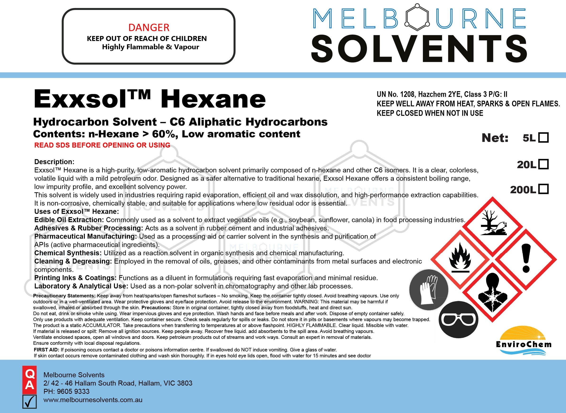 Hexane (n-Hexane), Exxsol™ Hexane — EnviroChem International Pty Ltd